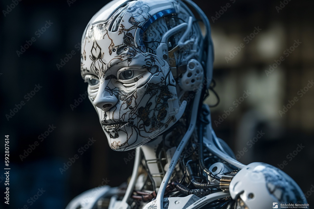 Detailed appearance of the deep green AI robot under white background ...