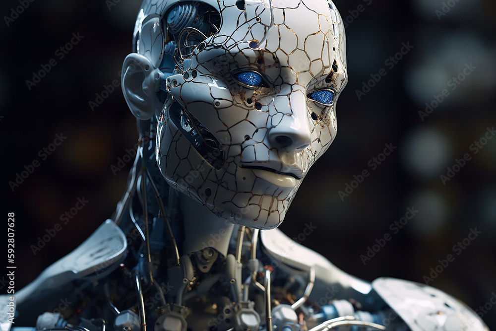 Detailed appearance of the deep green AI robot under white background ...