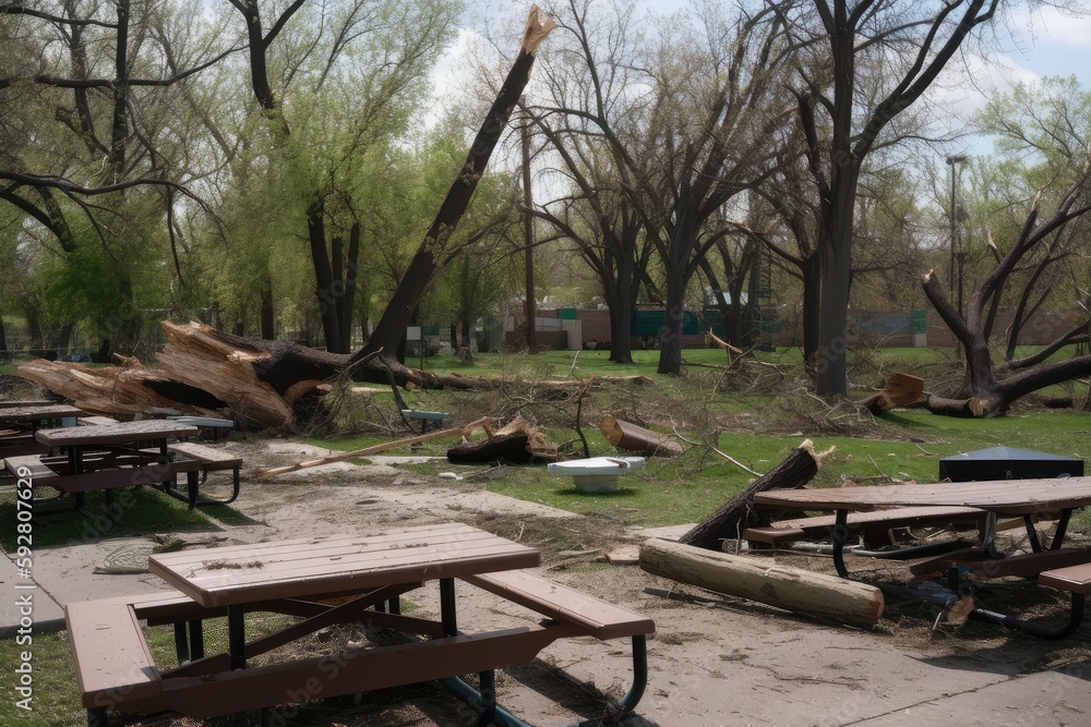 park, surrounded by devastation and debris from the storm, with broken ...
