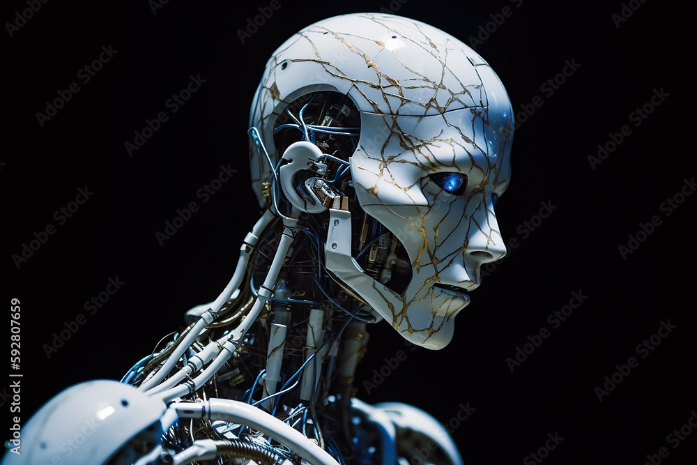 Detailed appearance of the deep green AI robot under white background ...