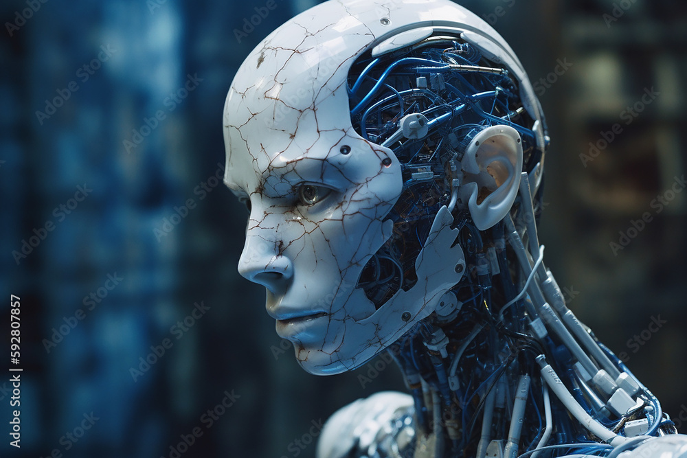 Detailed appearance of the deep green AI robot under white background ...