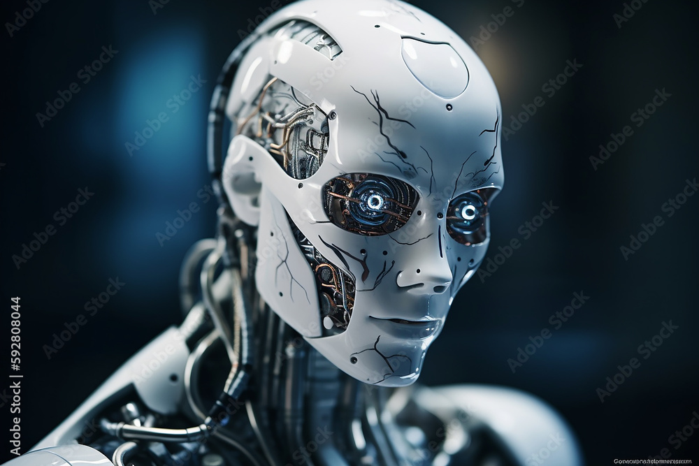 Detailed appearance of the deep green AI robot under white background ...