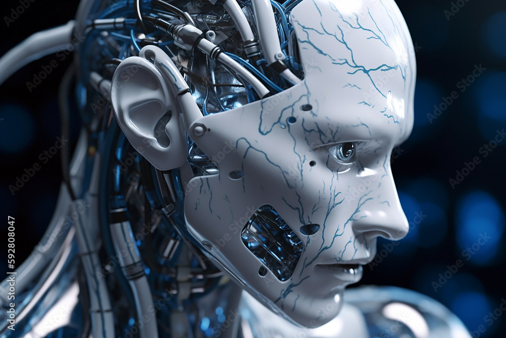 Detailed appearance of the deep green AI robot under white background ...