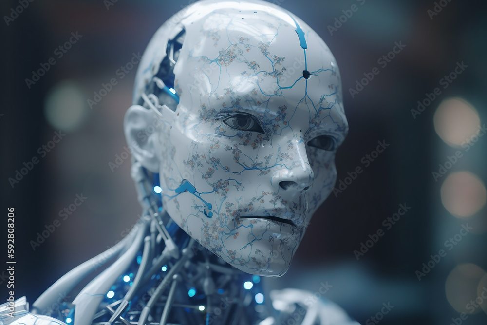 Detailed appearance of the deep green AI robot under white background ...