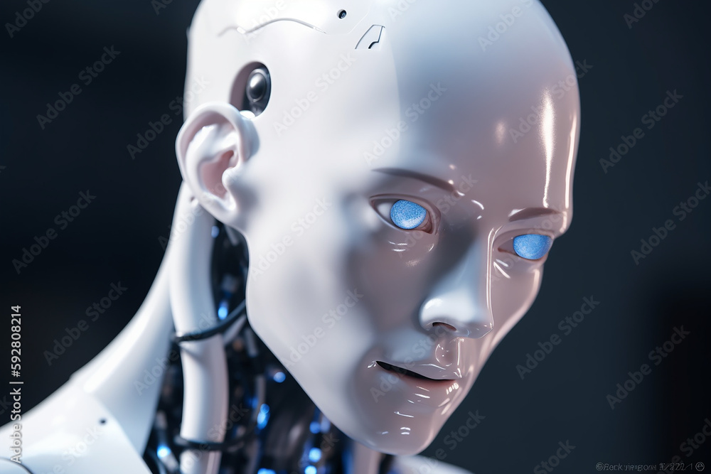 Detailed appearance of the deep green AI robot under white background ...