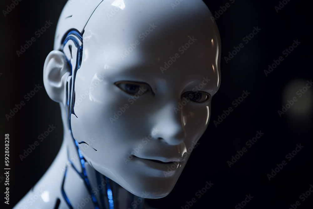 Detailed appearance of the deep green AI robot under white background ...
