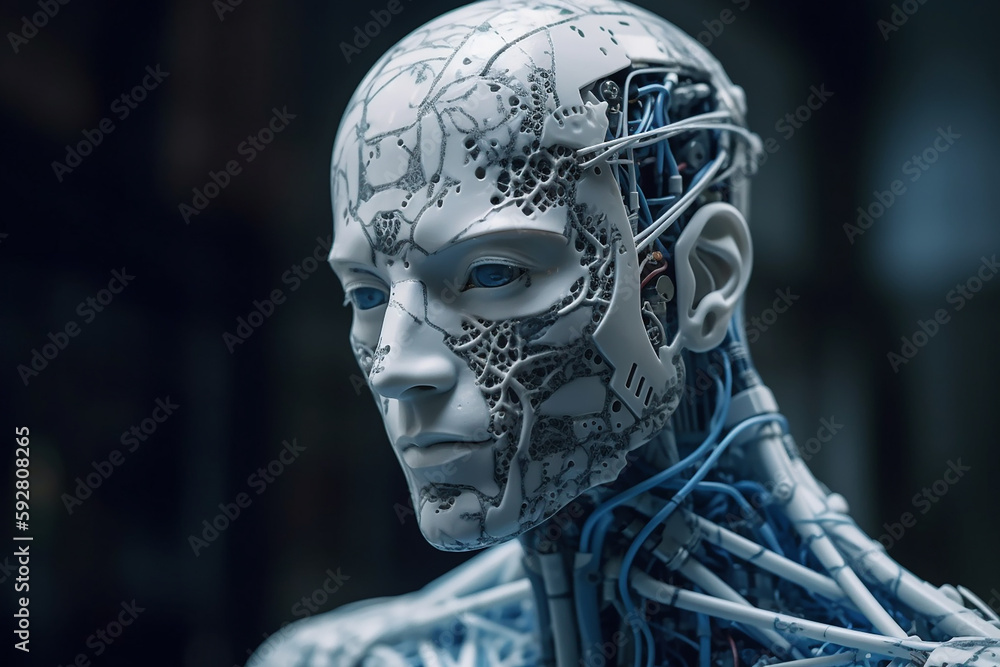 Detailed appearance of the deep green AI robot under white background ...