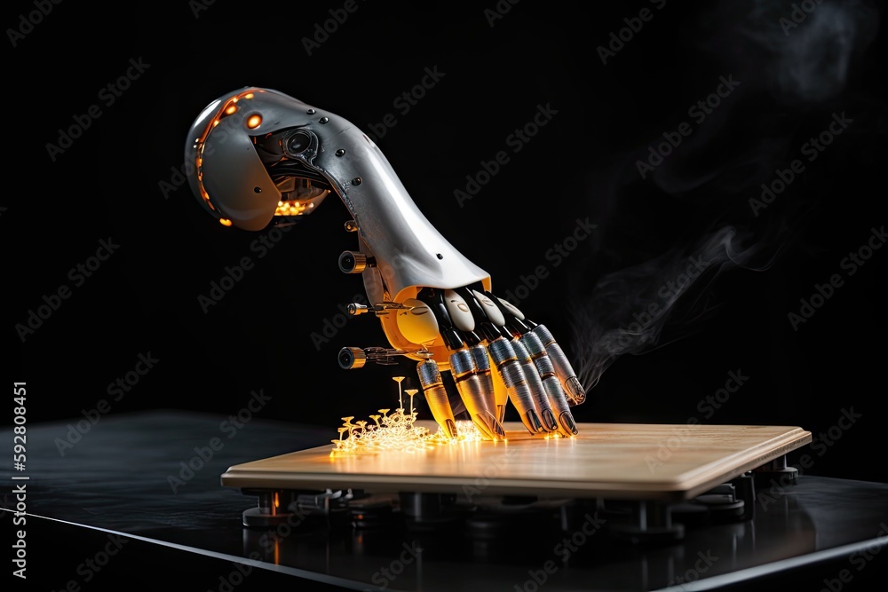 robotic hand, with visible light and heat sensors, grabbing hot object ...