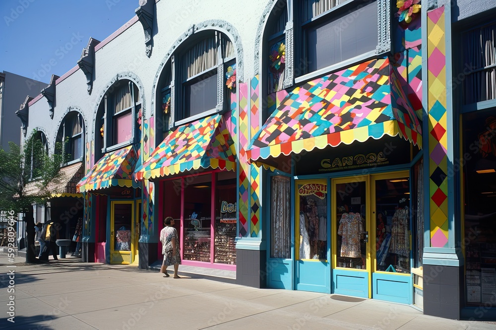 80s-style store exterior with brightly colored and patterned awnings ...