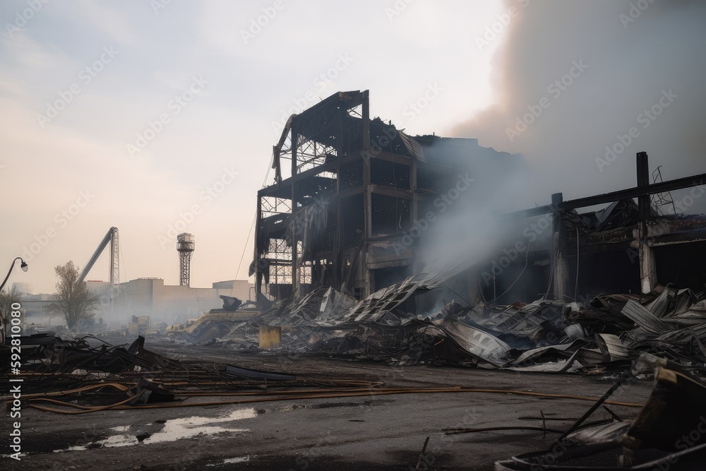 remains of industrial building after catastrophic fire, with smoke ...