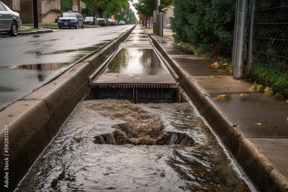 sewer water overflowing onto the sidewalk and into storm drain, created ...