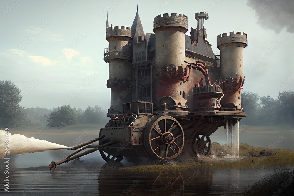 siege engine approaches the moat of a castle, ready to fire its payload ...