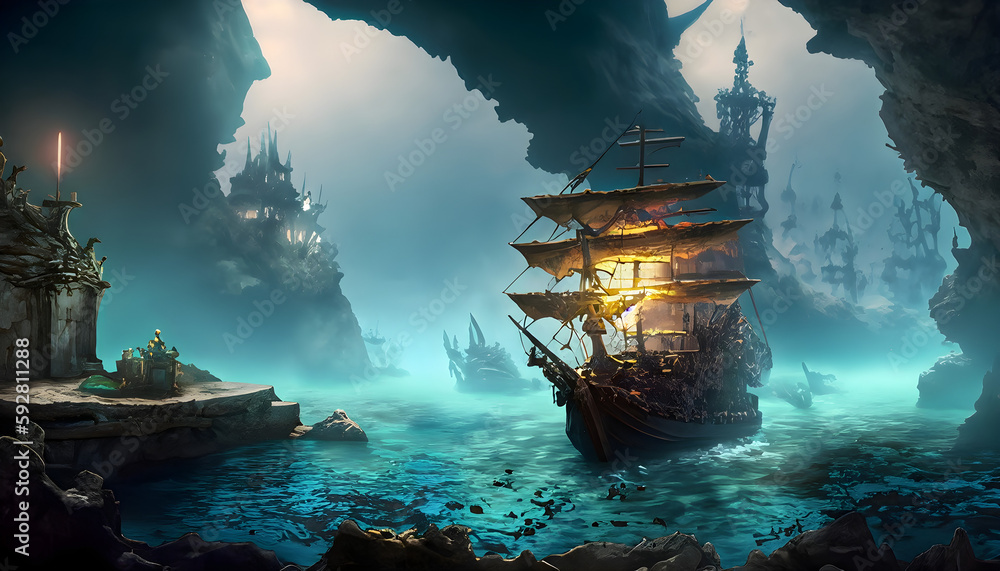 pirate ship in the sea,ship in the sea,an underground ocean, a pirate ...