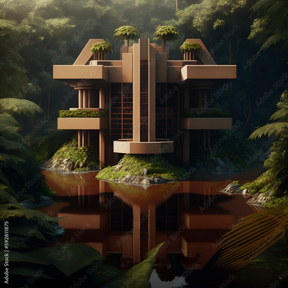 surreal architecture in the midst of a tropical jungle mountains ...