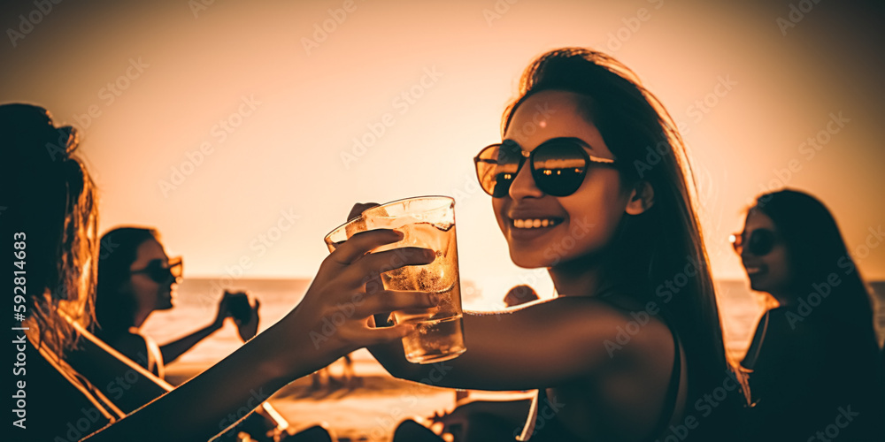 Young people celebrating summertime party holding cocktail glasses ...