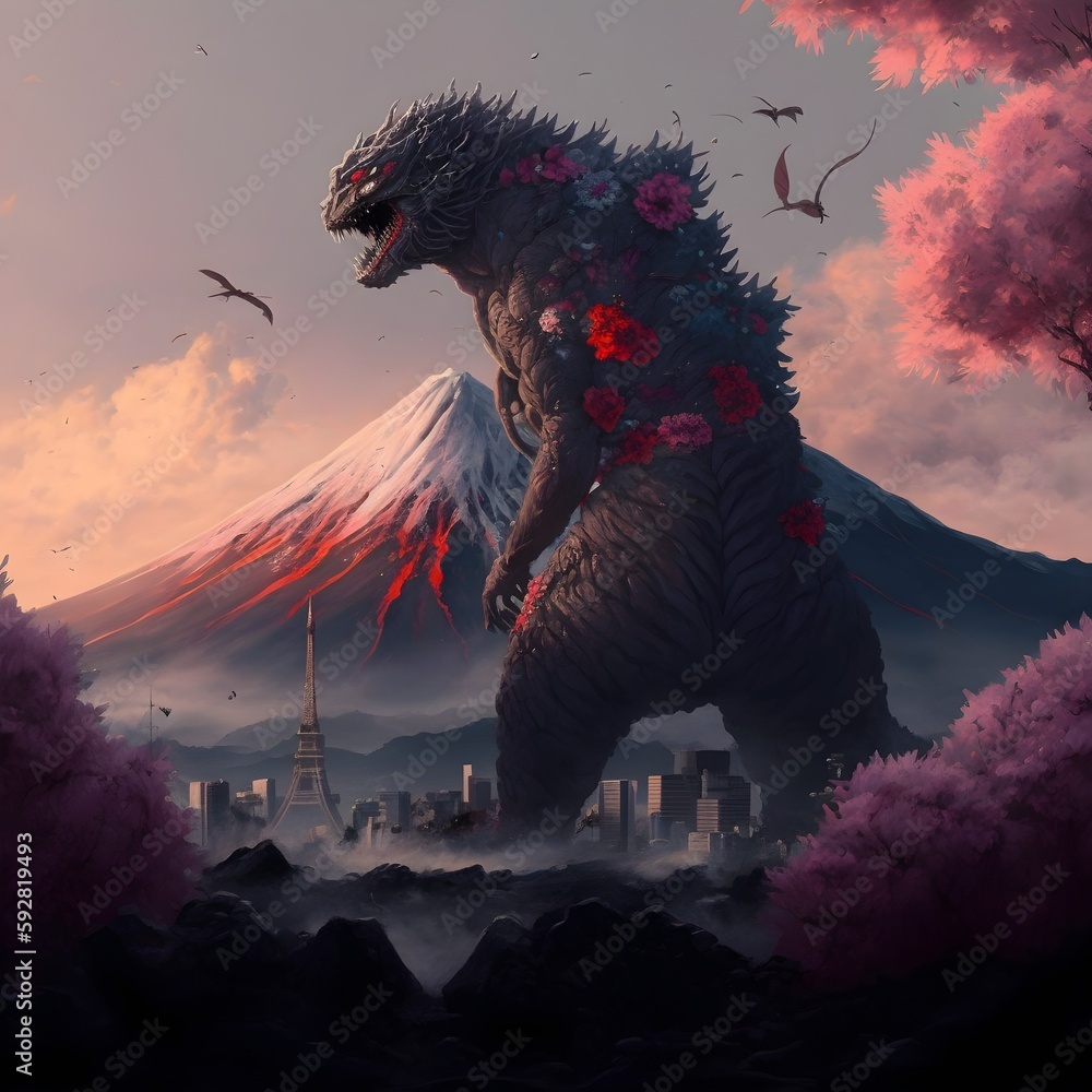 Mt Fuji in the background Godzilla destroying Tokyo sakura on the right ...
