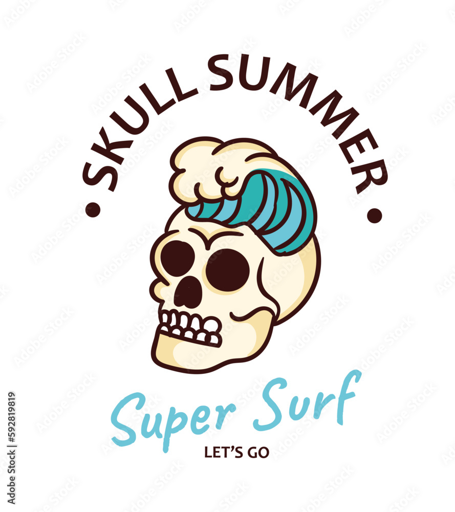 Skull summer concept. Skeleton head with wave next to text. Super surf ...