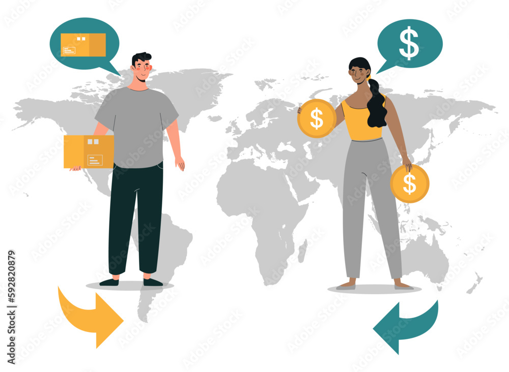 International trade concept. Man with parcel and woman with gold coins ...
