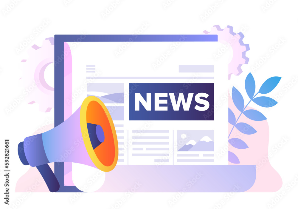 Vetor de Press release concept. Loudspeaker next to newspaper with news ...