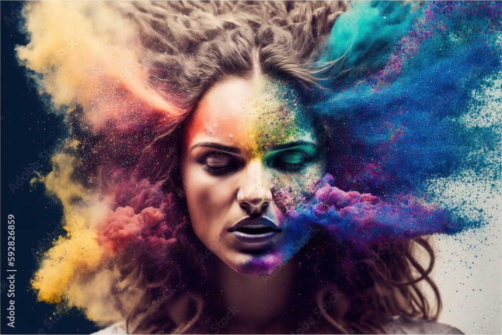 Woman with powerful vivid powder explosion on her head as symbol for ...