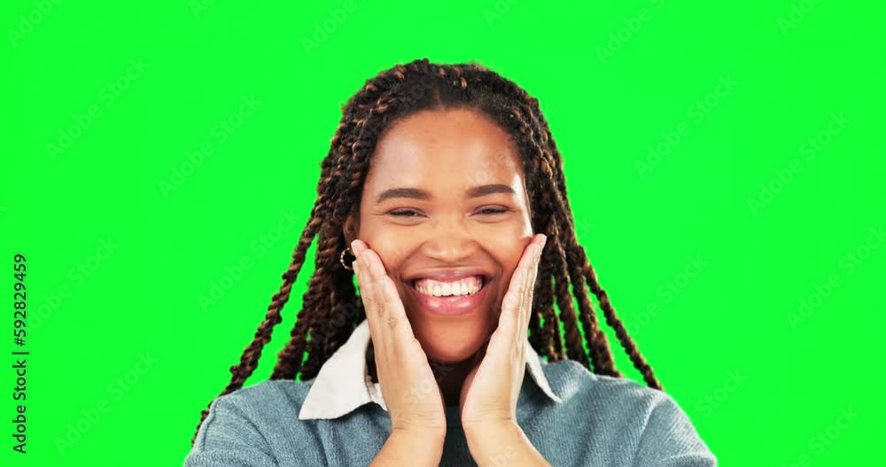 Smile, face and woman in studio with green screen with positive ...
