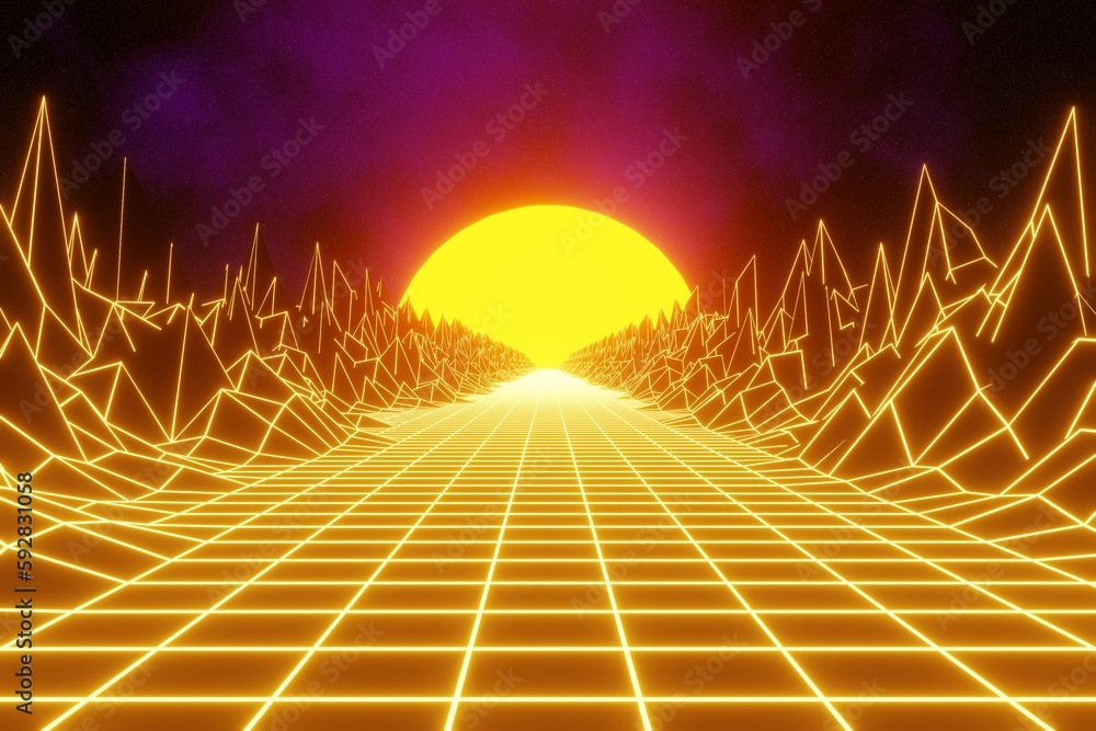Orange retro futuristic technology background 3d render, 80s retro ...