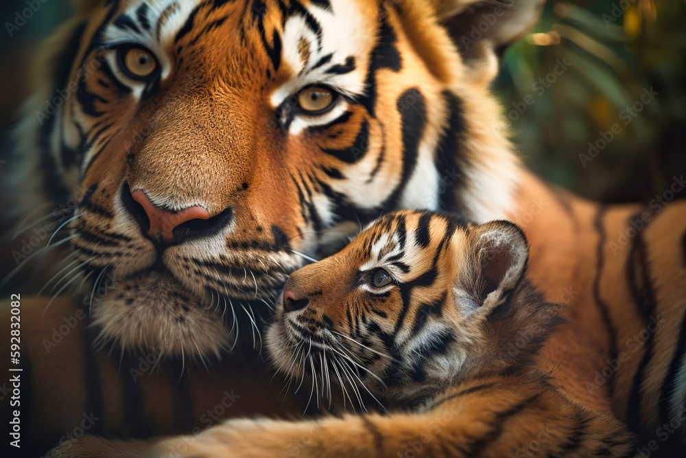 Tiger cub on his mother tiger in a jungle Stock Illustration | Adobe Stock