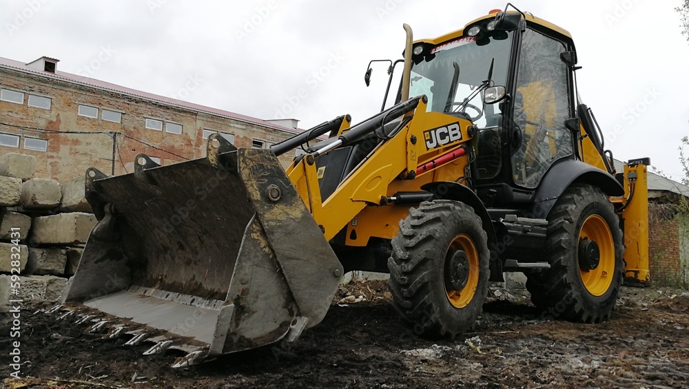 BIYSK, Russia - CIRCA, JULY, 2022: JCB wheeled tractor excavator. Heavy ...