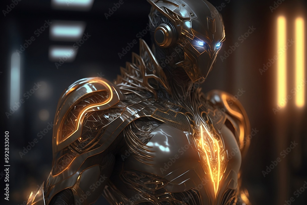 cyborg soldier with bronze suit lights and intimidating mask created by ...