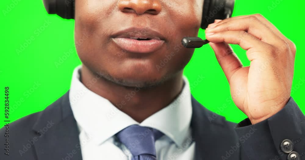 Man, closeup and callcenter with green screen, mouth and contact us ...
