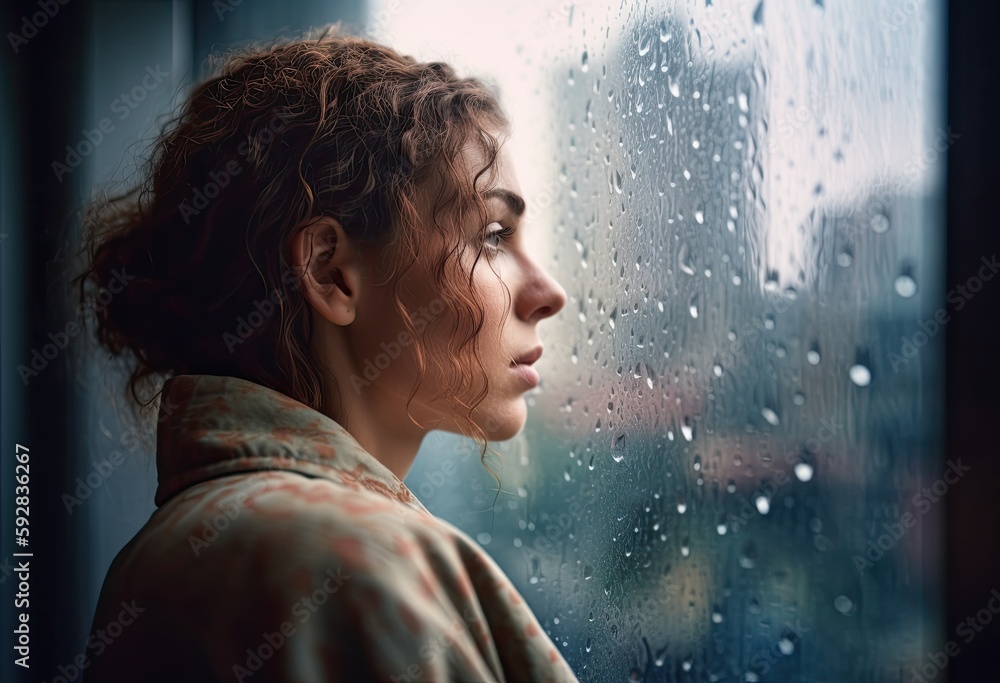 Beautiful women standing at the window watching the rain. Generative Ai ...