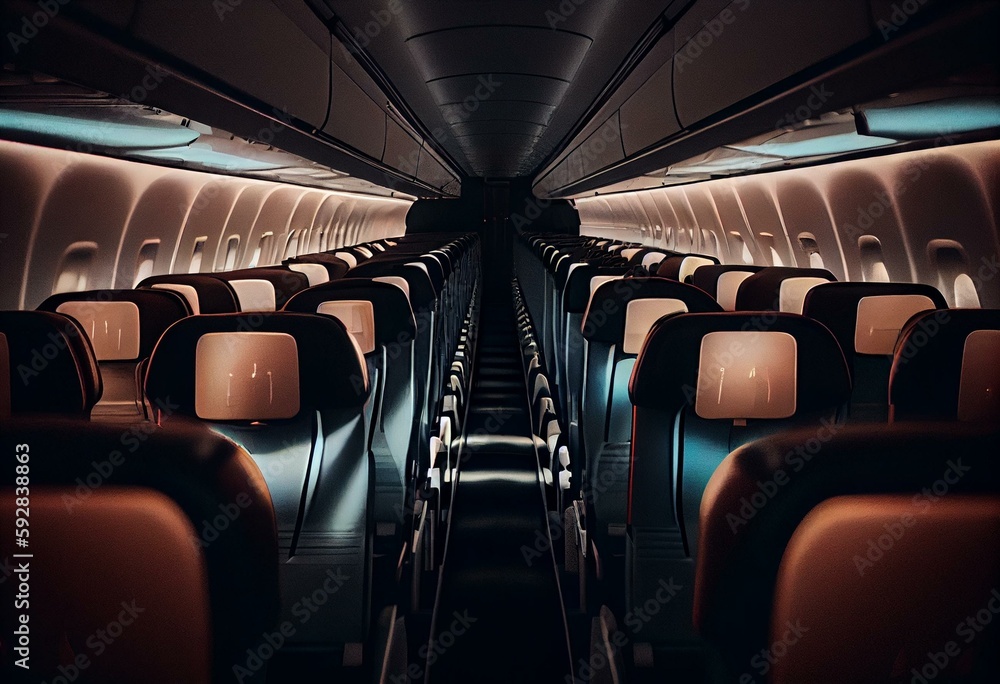 darkened aircraft interior with rows of seats and narrow aisle ...