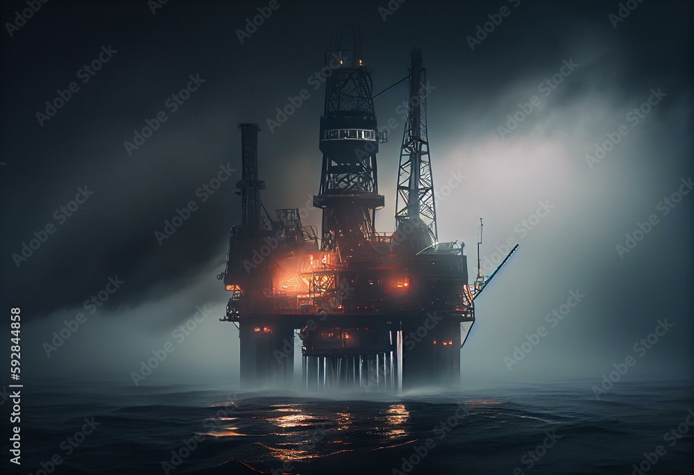 Offshore crude oil production installation covered in fog in the ocean ...