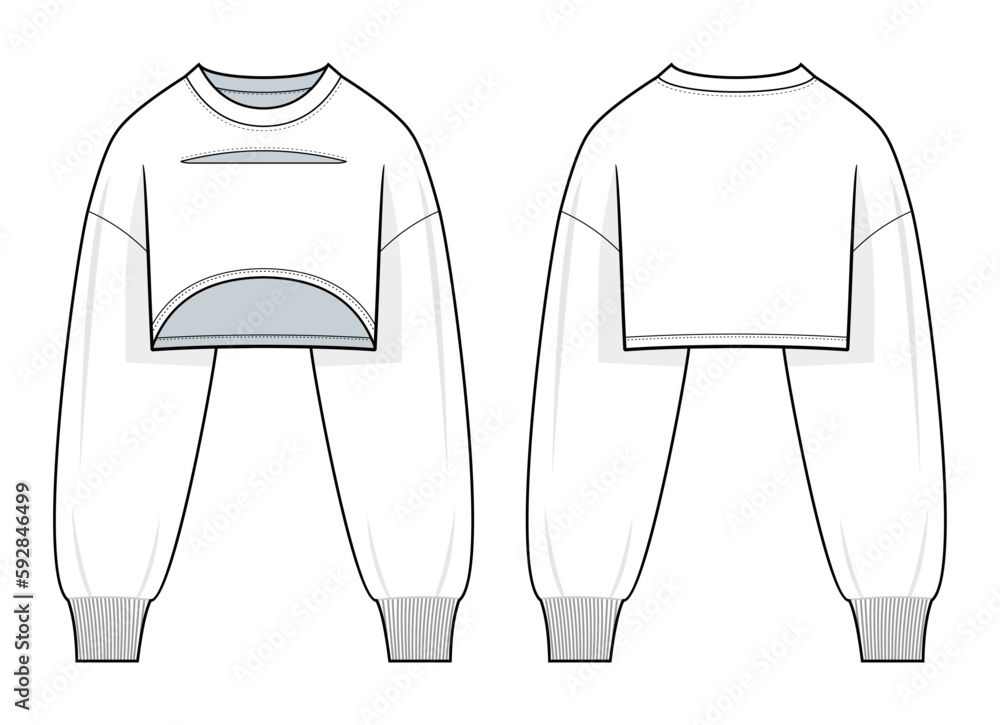Cut-out Sweater fashion technical drawing template. cropped Sweatshirt ...