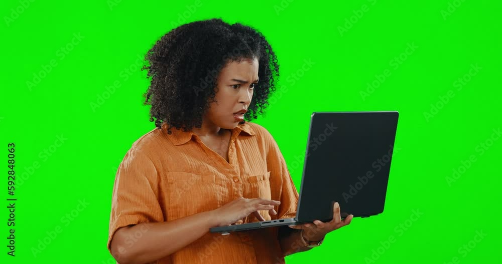 Green screen, stress and woman a laptop, frustrated and glitch against ...