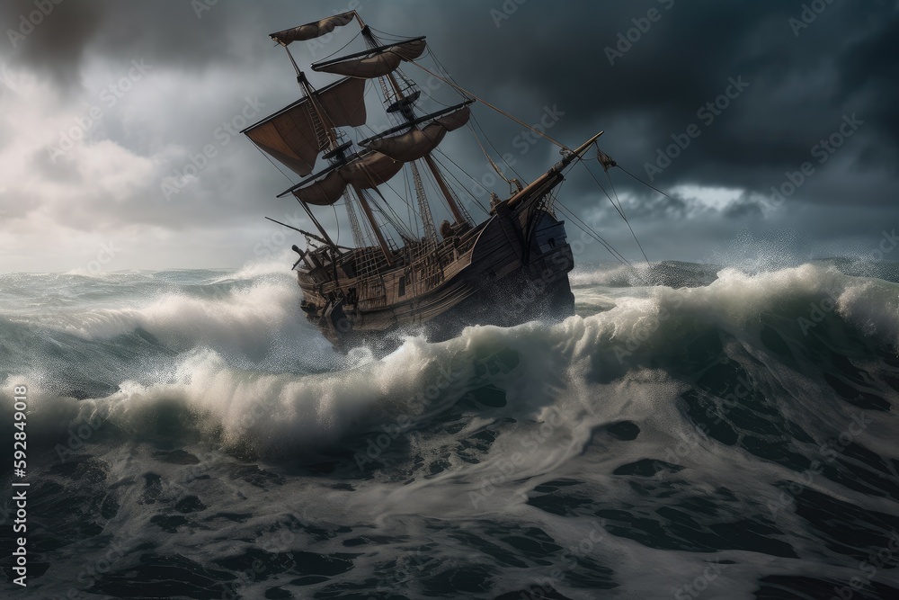pirate ship sinking in stormy sea, with waves crashing against the hull ...