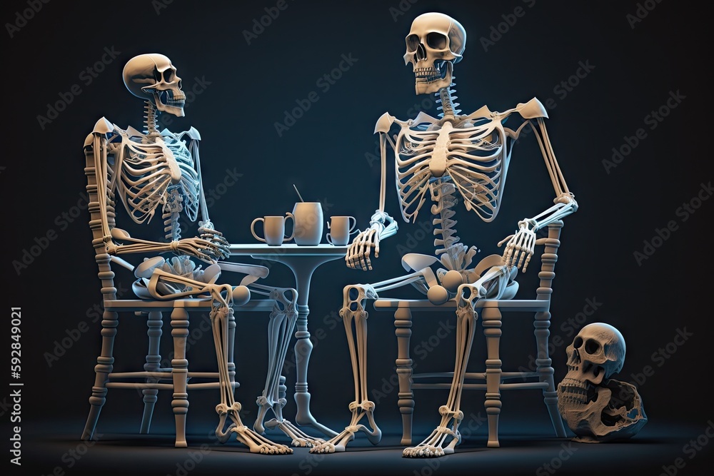 large halloween skeleton sitting on chair and skeletons relax, created ...