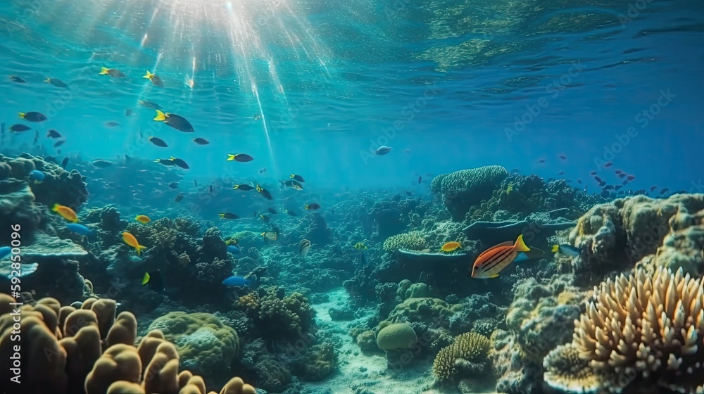 Underwater scene. Coral reef, colorful fish groups and sunny sky ...