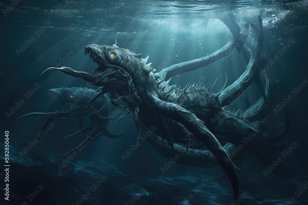 sea monster swimming through the depths of the ocean, its long body ...