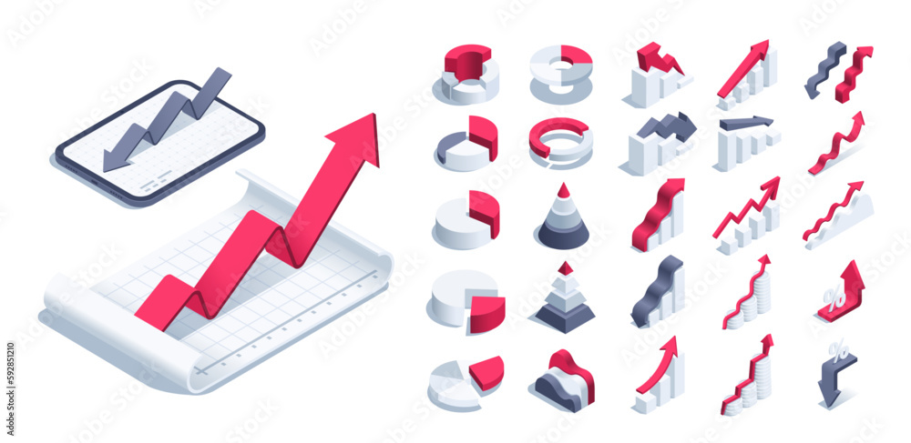 isometric vector illustration on a white background, a set of charts ...