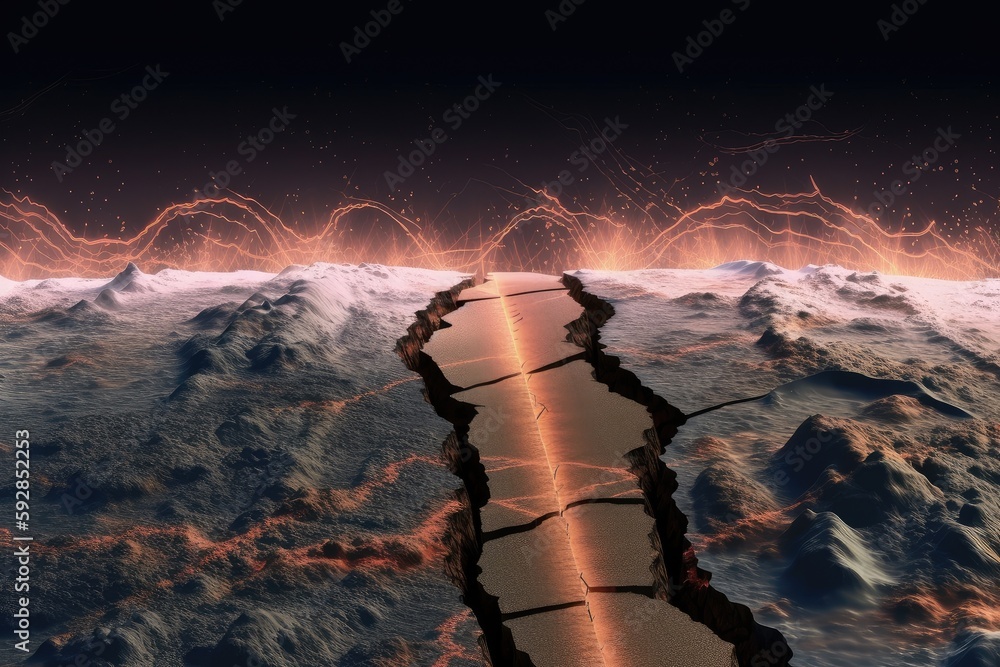 fault line, with plates of earth in motion and shaking, creating ...