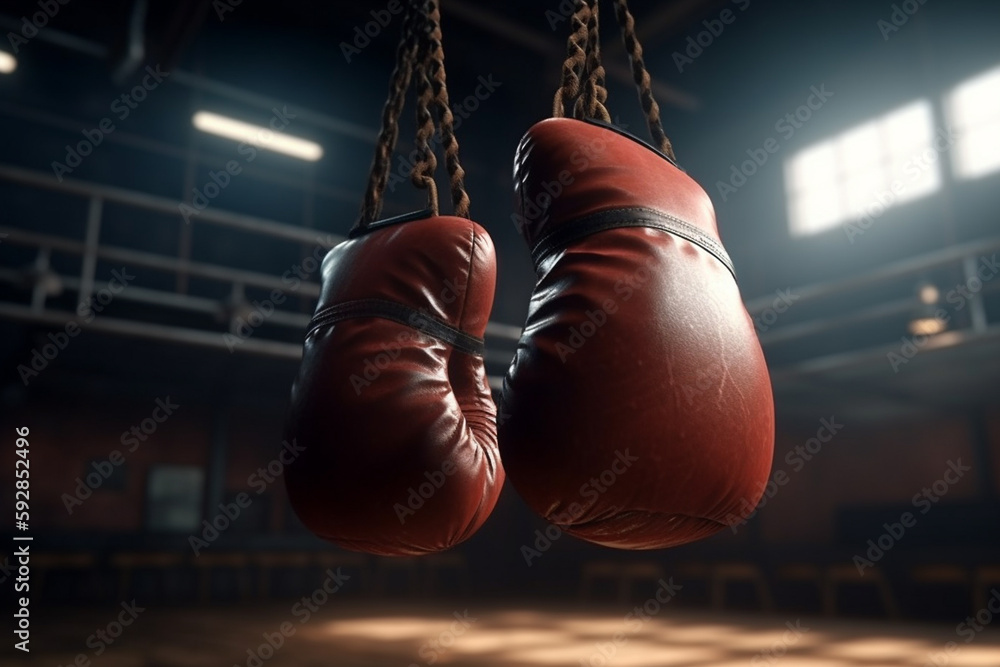 Boxing gloves hanging on the ropes of a boxing ring in a gym Stock ...