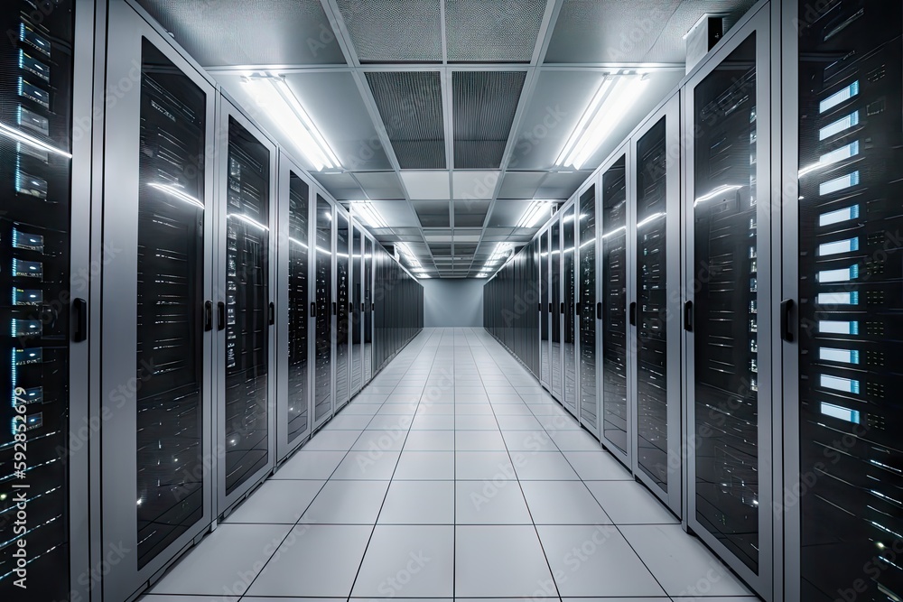 data center, with rows of servers and storage devices visible, created ...
