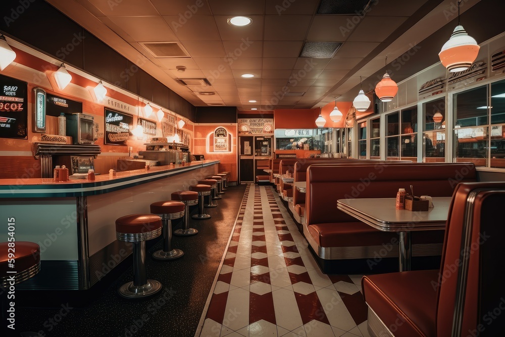 fast-food restaurant with retro interior, vintage signs, and vinyl ...