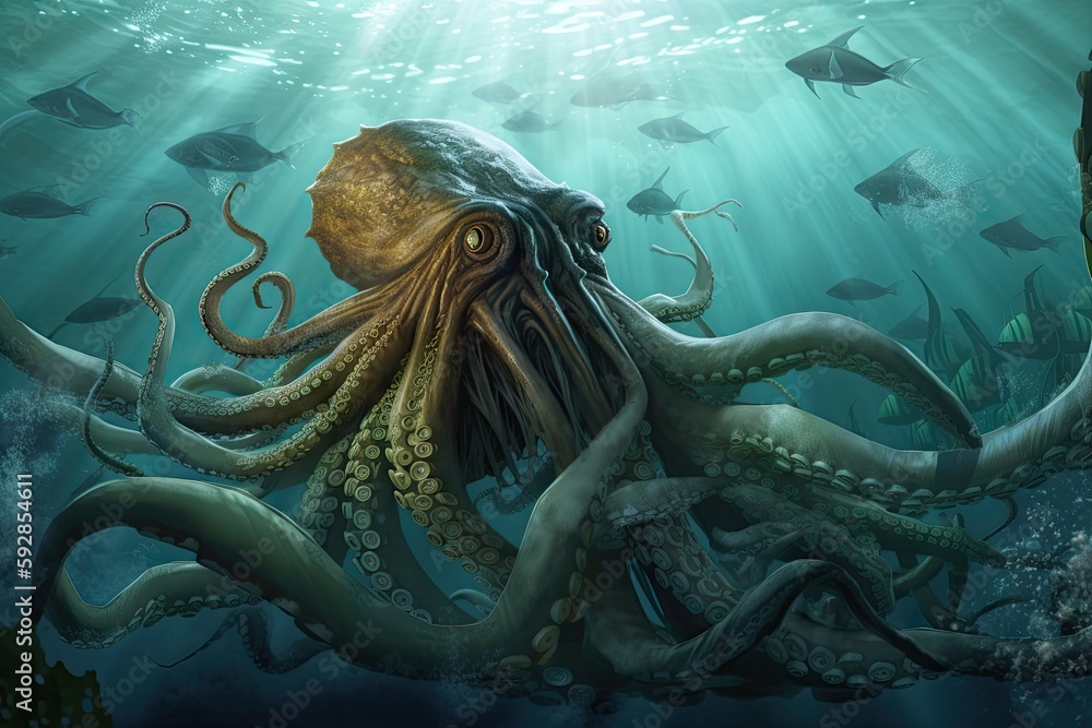 Ilustrace „kraken swimming in school of fish, with its tentacles ready ...