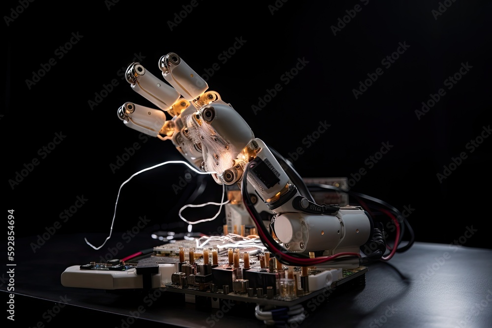 robotic hand, with visible light and heat sensors, grabbing hot object ...