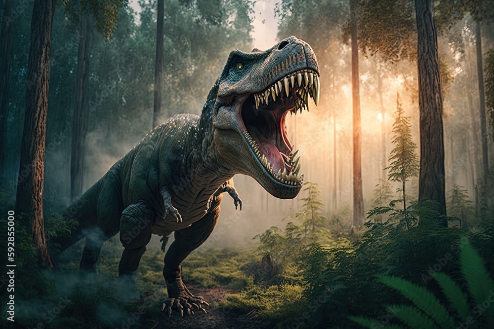 t-rex roaring in the midst of forest, its powerful jaws open, created ...