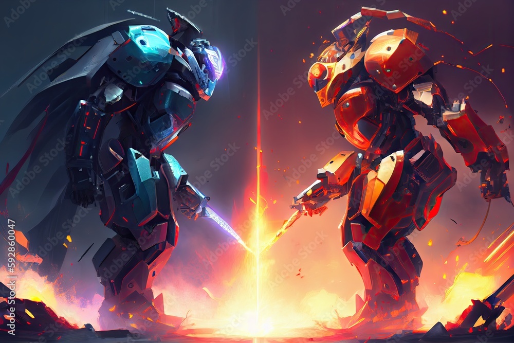 a battle of epic proportions between two futuristic robots, with each ...