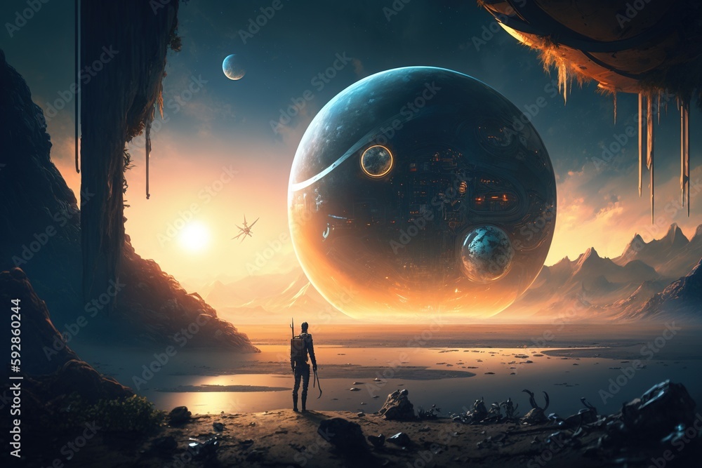 An explorer lands on new world against the background of alien ...