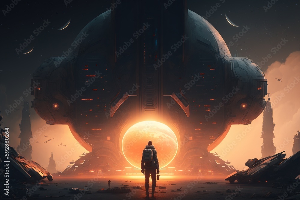 An explorer lands on new world against the background of alien ...